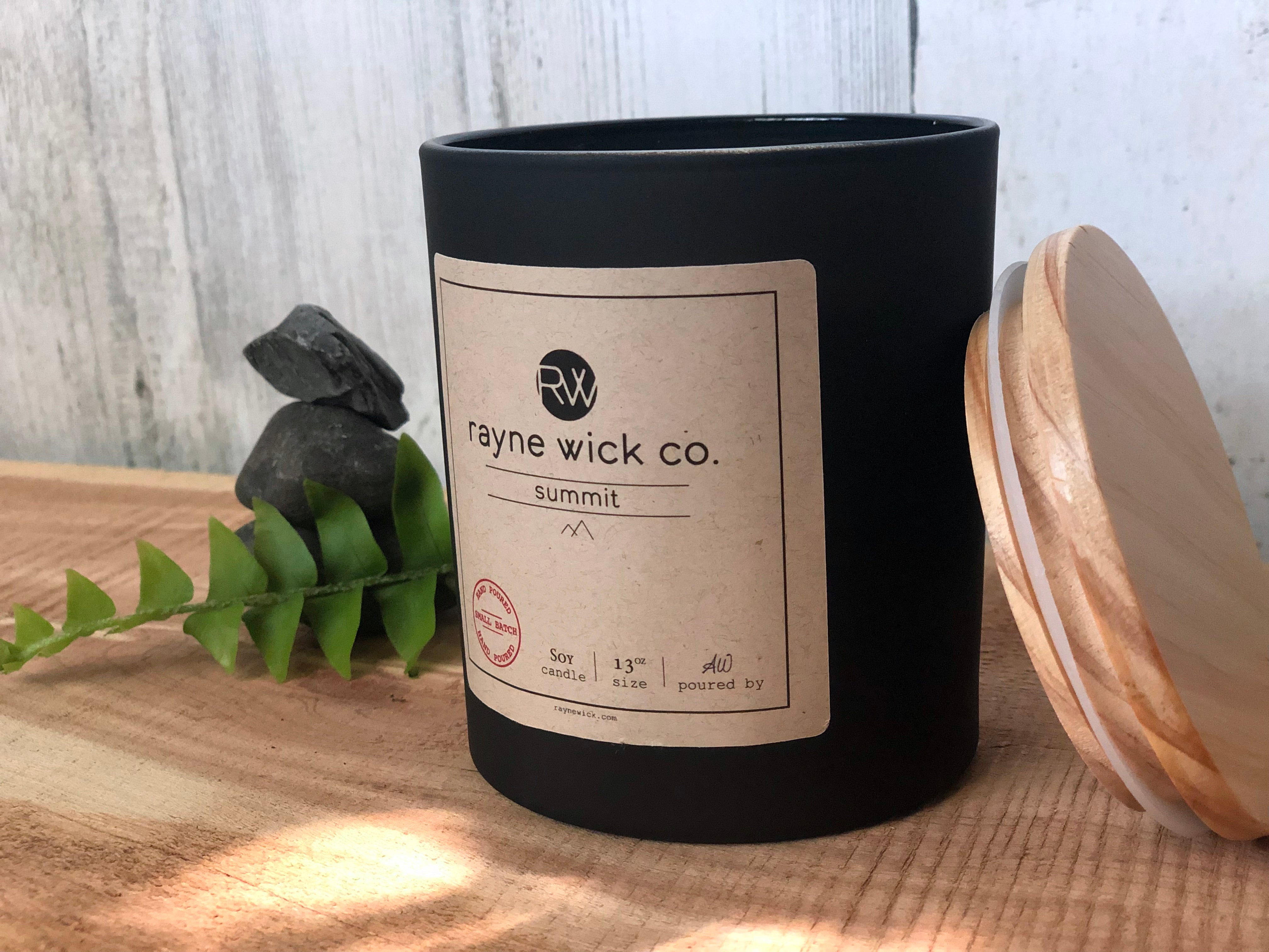 Summit Soy Wax Candle | 13oz Matte Black Glass Jar with Wooden Lid ...